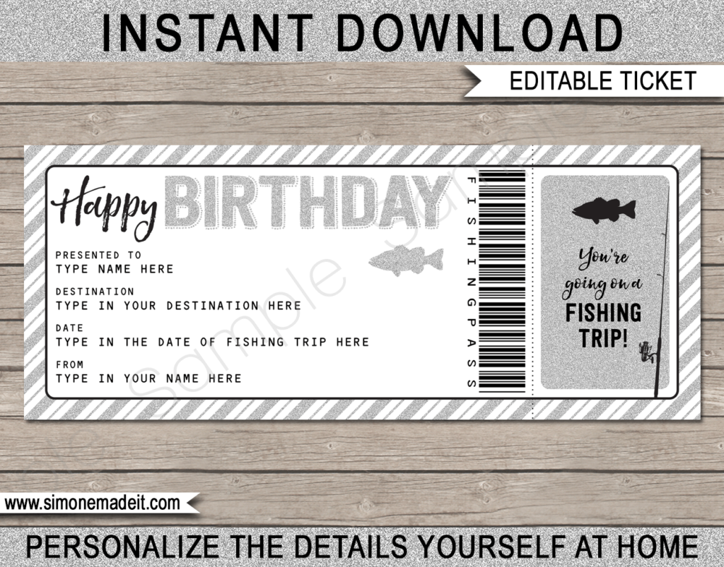 Birthday Fishing Trip Ticket Gift Voucher | Printable Certificate Template
