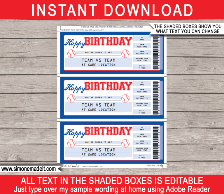 Baseball Game Ticket Birthday Gift Voucher | Printable Ticket Template