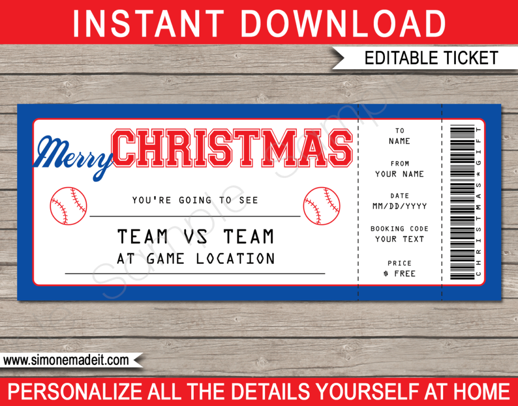 Christmas Baseball Ticket Gift Voucher - Printable Baseball Ticket Template