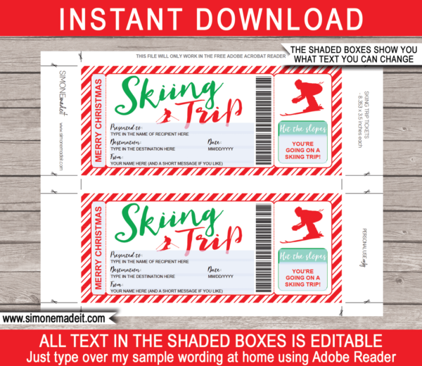 Christmas Skiing Trip Ticket Gift Voucher | Editable & Printable Template