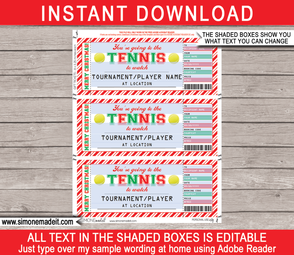 Christmas Tennis Ticket Gift Voucher template, Surprise ticket to the ...