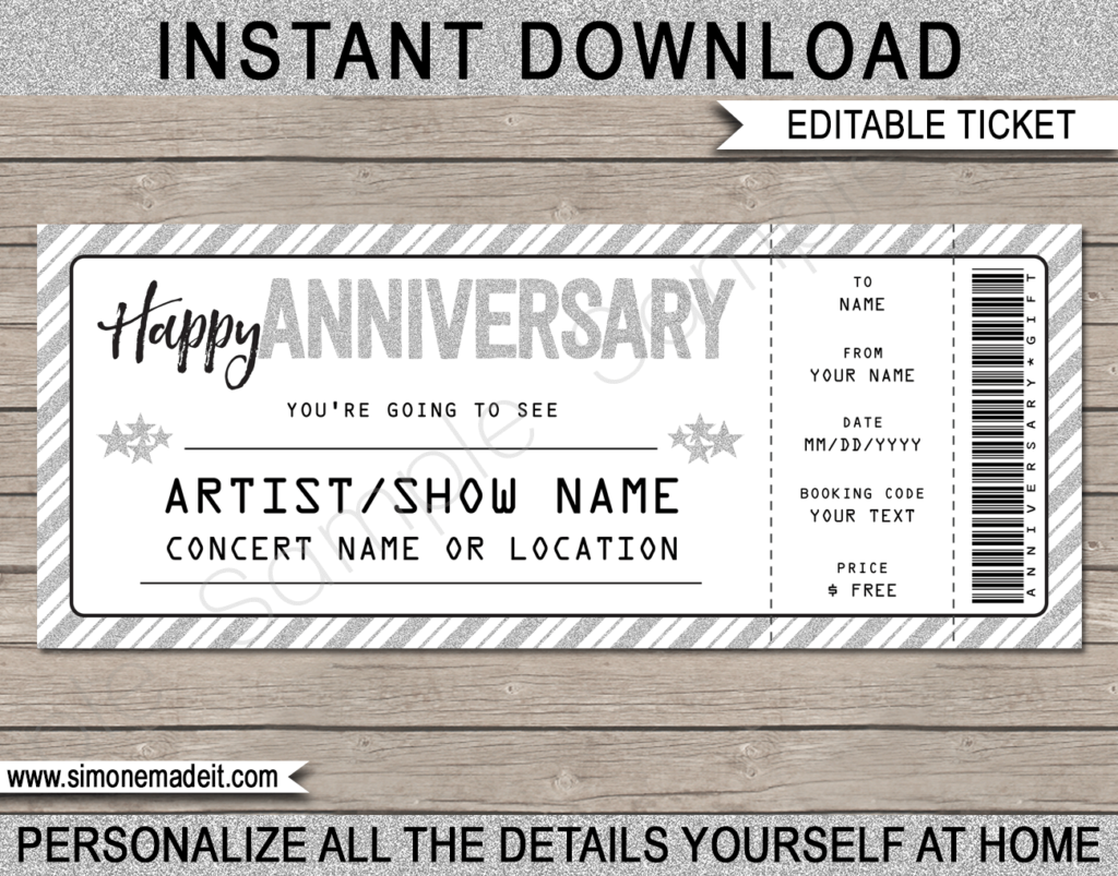 Anniversary Concert Ticket Template | Printable Anniversary Gift Voucher