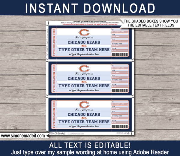 Chicago Bears Game Ticket Gift Voucher | Printable Surprise Football ...