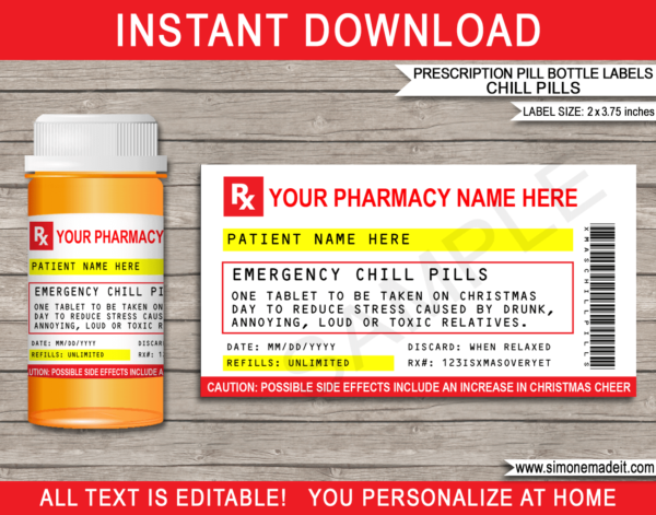 Prescription Christmas Chill Pill Labels Template | Gag Gift | Kris Kringle