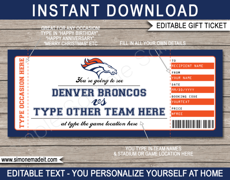 Denver Broncos Game Ticket Gift Voucher | Printable Surprise Football ...