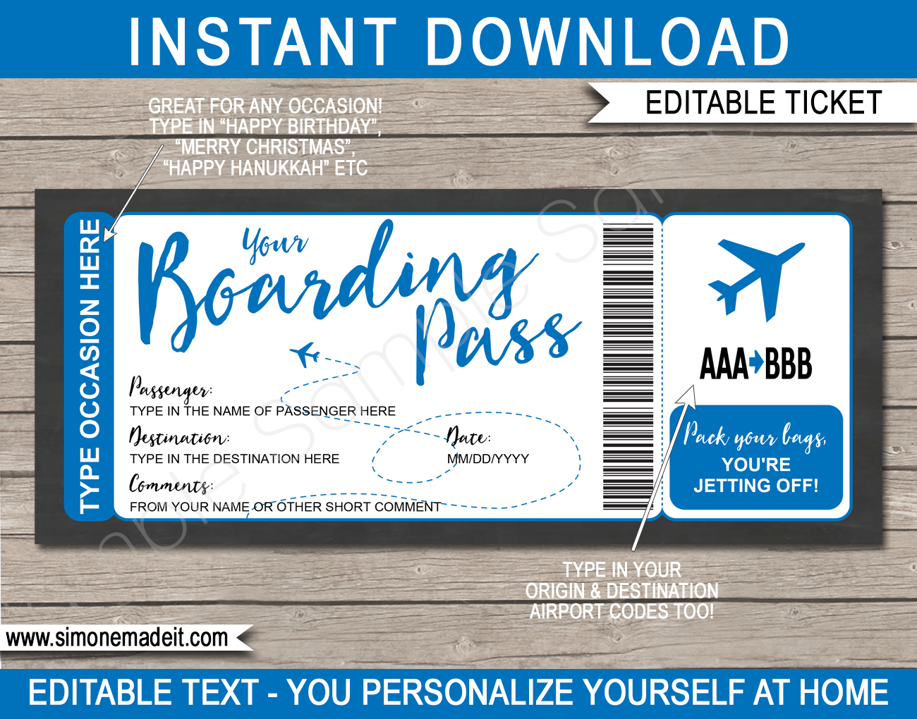 Printable Birthday Boarding Pass Template Surprise Trip Plane Ticket 