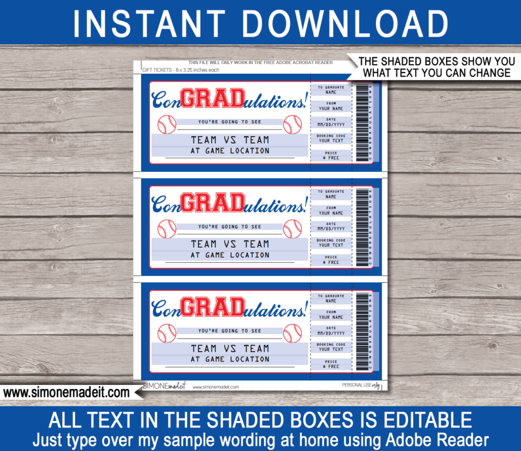 Graduation Baseball Ticket Gift Voucher - Printable Baseball Template