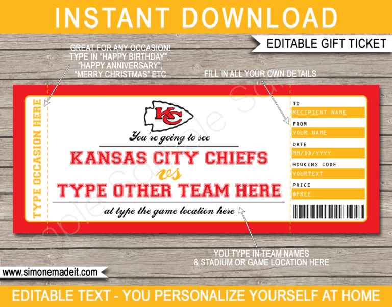 Kansas City Chiefs Game Ticket Gift Voucher | Printable Surprise ...