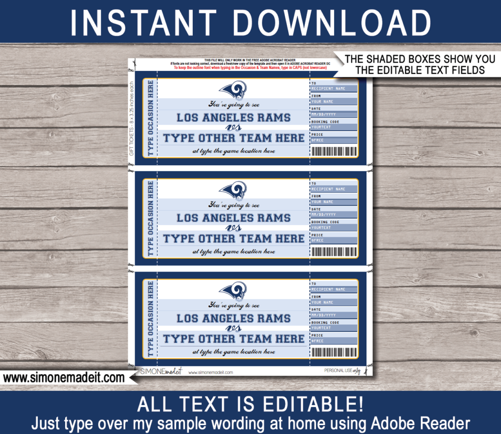 Los Angeles Rams Game Ticket Gift Voucher | Printable Surprise Football ...