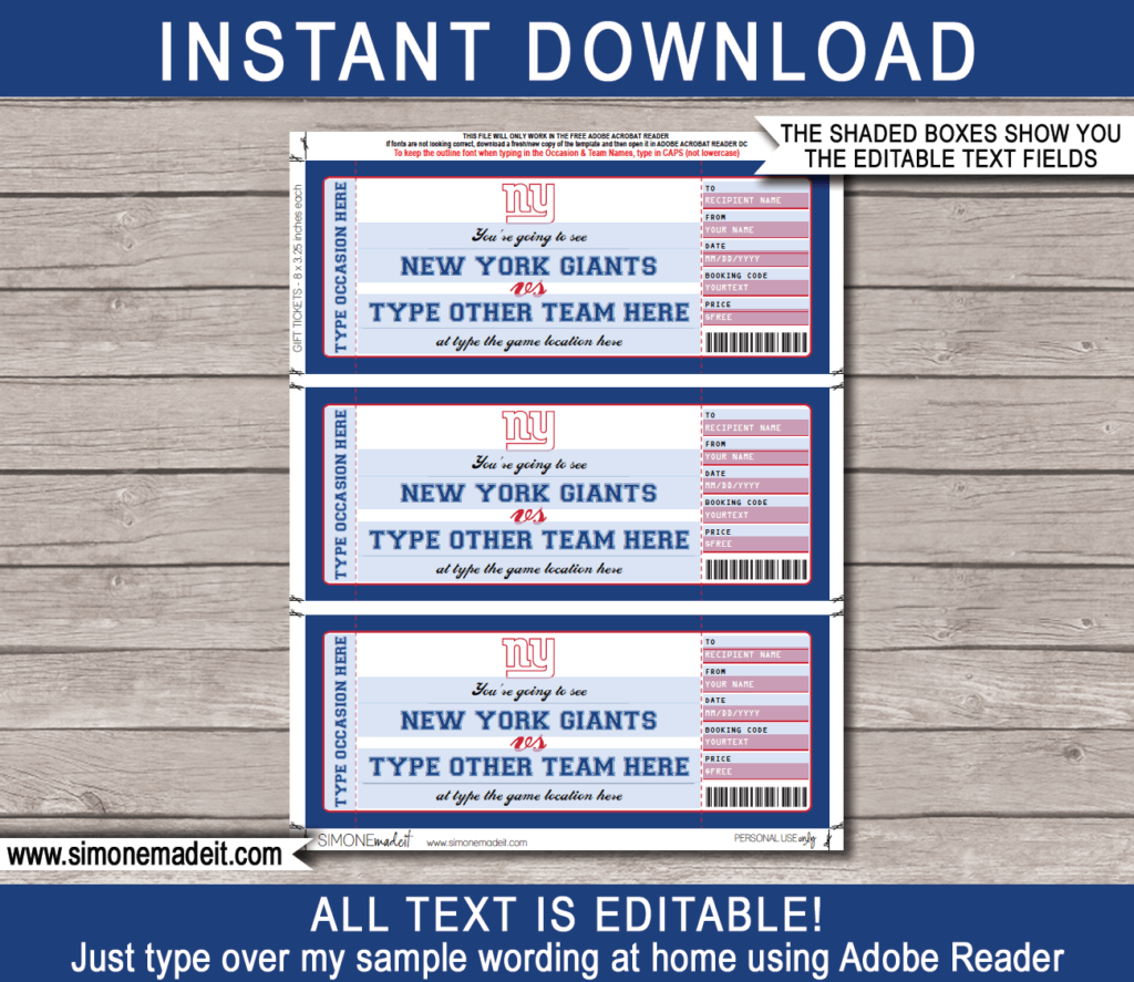 New York Giants Game Ticket Gift Voucher | Printable Surprise Football Tickets