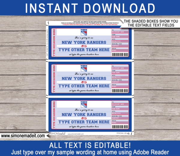 New York Rangers Game Ticket Gift Voucher | Printable Surprise Hockey ...