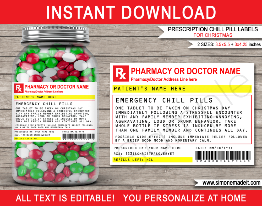 Prescription Chill Pills For Christmas Gift Label Template Emergency 
