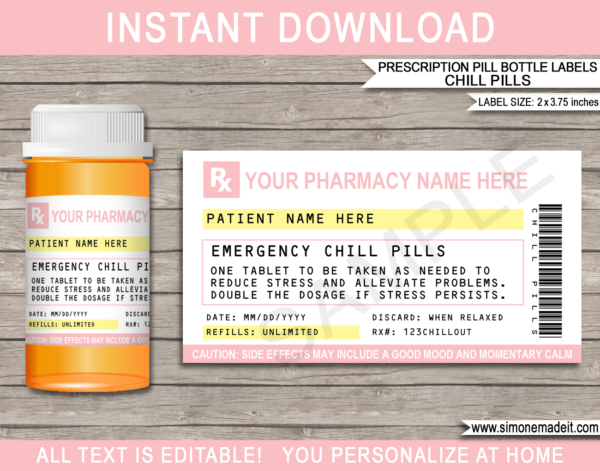 Prescription Chill Pill Labels Template | Emergency Chill Pills | Gag Gift