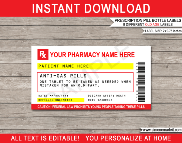 Funny Old Age Prescription Labels Template | Printable Gag Birthday Gift