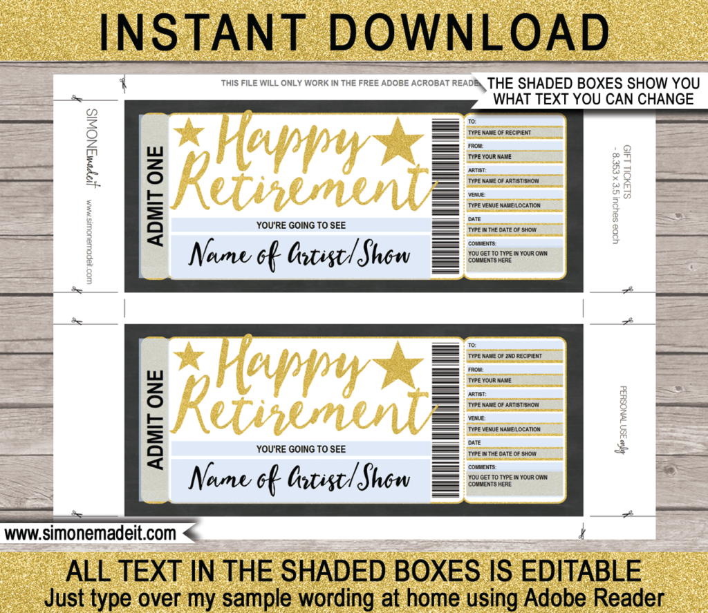 Retirement Concert Ticket Gift Voucher Template | Surprise Show Tickets