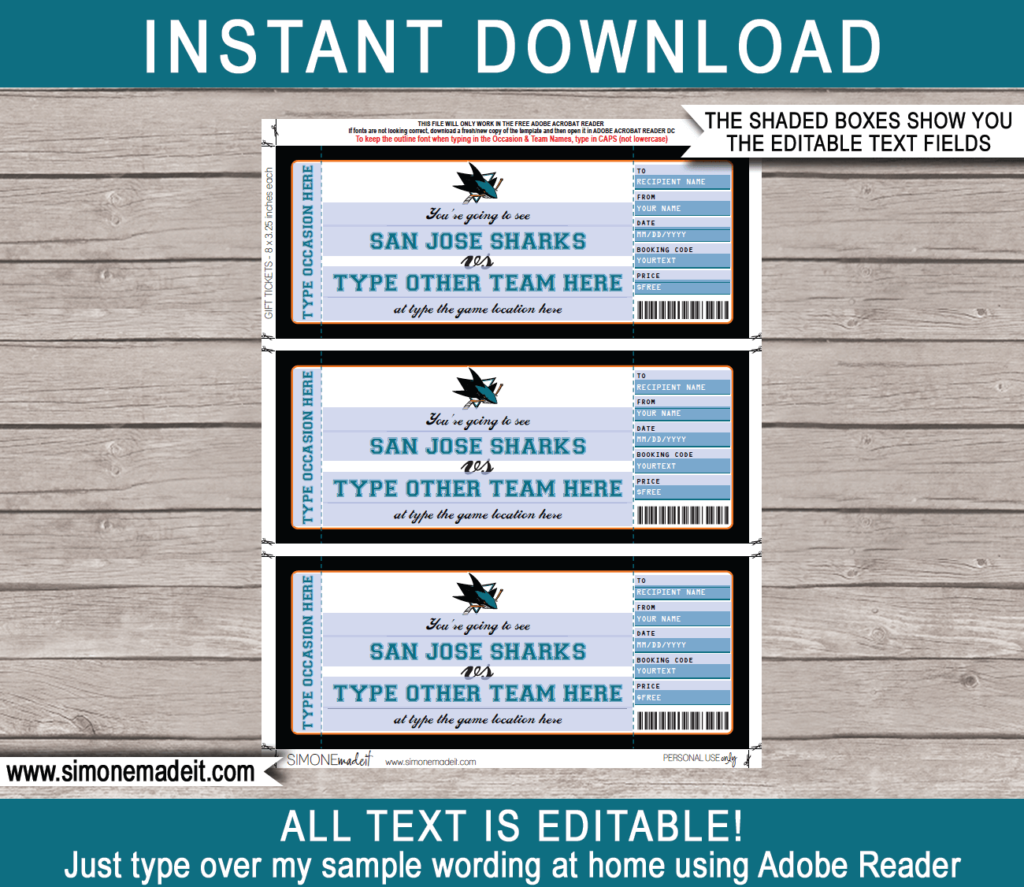 San Jose Sharks Game Ticket Gift Voucher | Printable Surprise Hockey ...