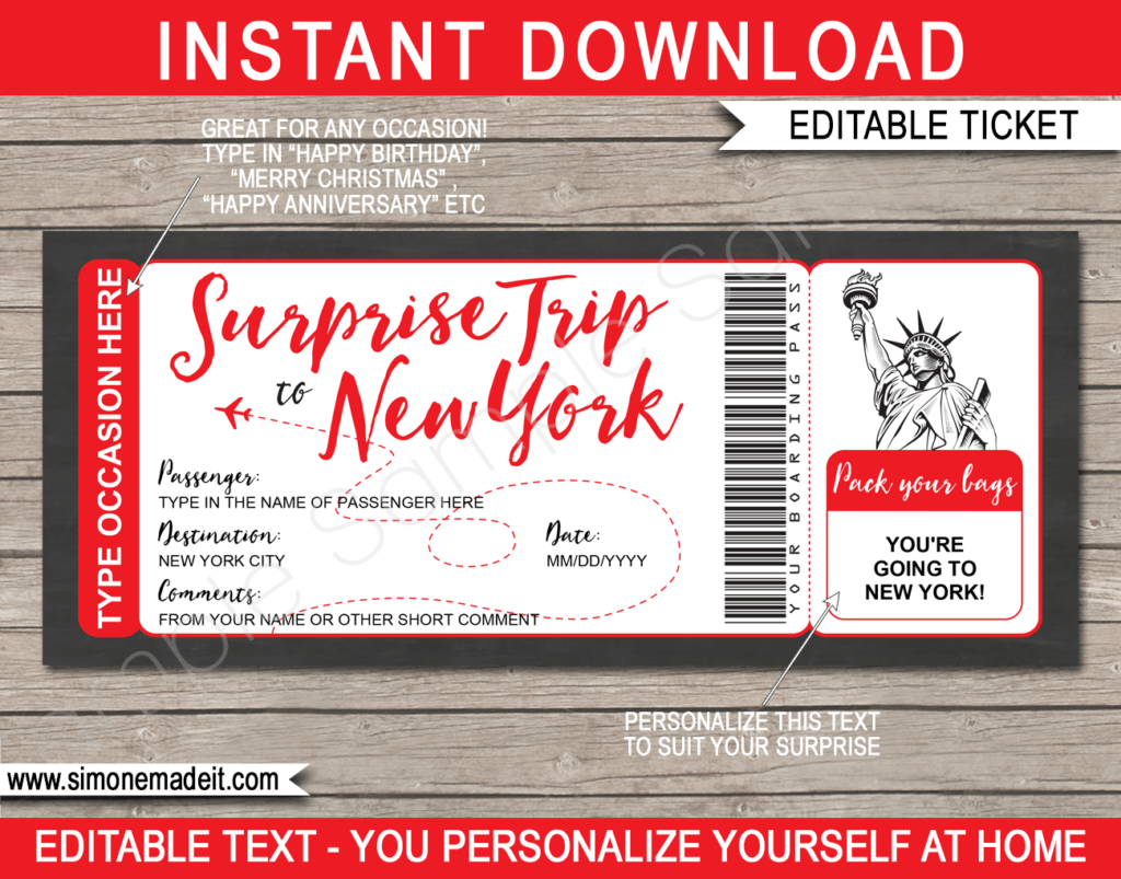 Surprise trip to New York Boarding Pass Template | Printable NYC Trip ...