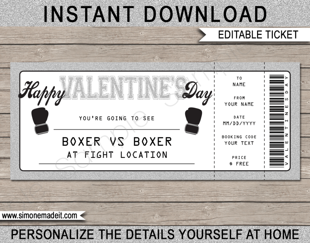 Valentine's Day Boxing Ticket Gift Voucher | Printable Ticket Template