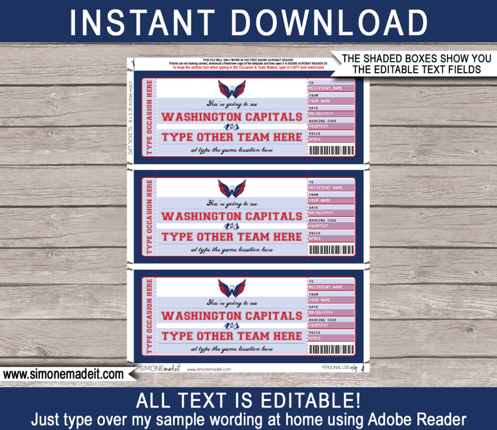 Washington Capitals Game Ticket Gift Voucher | Printable Surprise ...