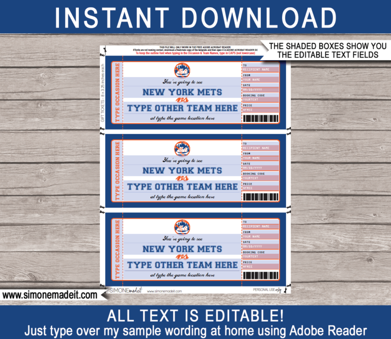 New York Mets Game Ticket Gift Voucher | Printable Surprise Baseball ...