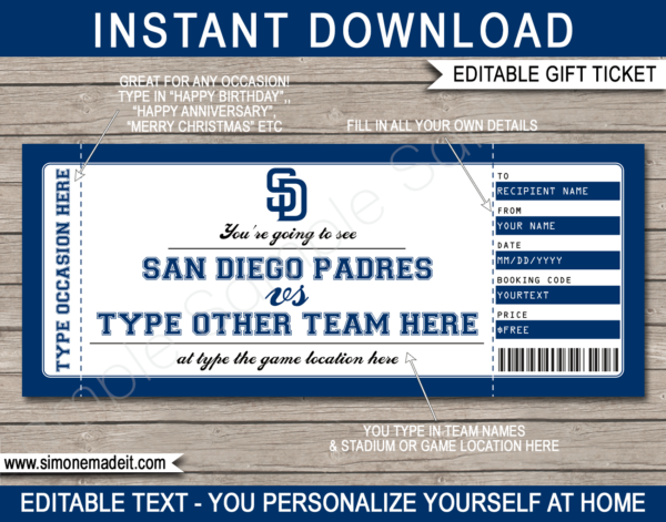 San Diego Padres Game Ticket Gift Voucher | Printable Surprise Baseball ...
