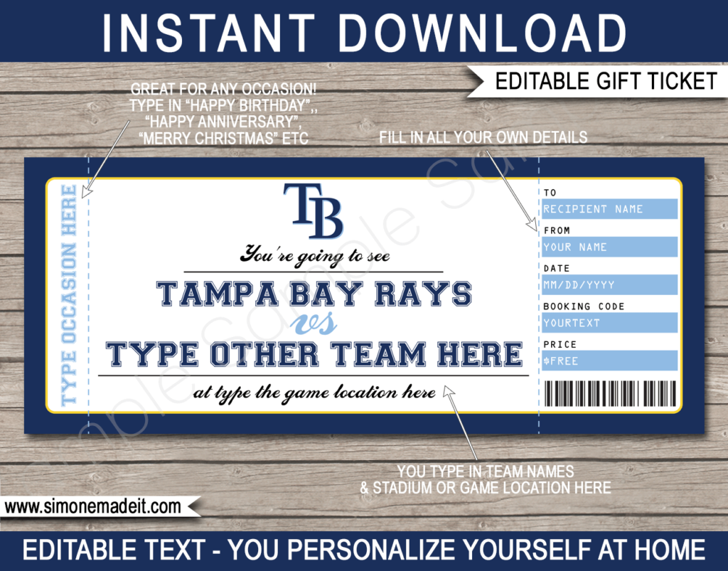 Tampa Bay Rays Game Ticket Gift Voucher | Printable Surprise Baseball ...