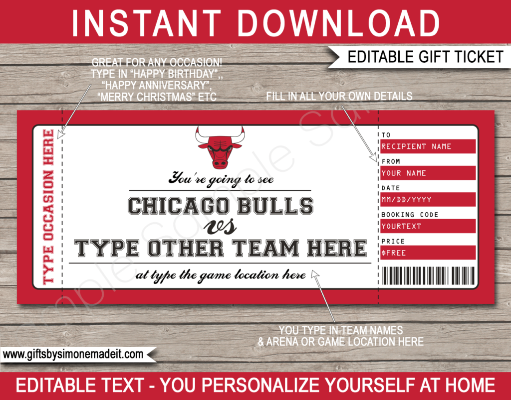 Chicago Bulls Game Ticket Gift Voucher | Printable Surprise NBA ...