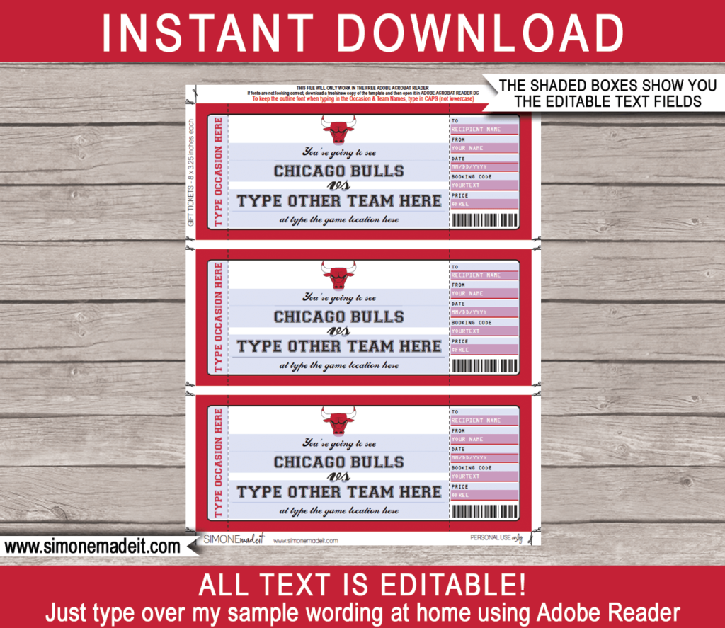 Chicago Bulls Game Ticket Gift Voucher | Printable Surprise NBA ...