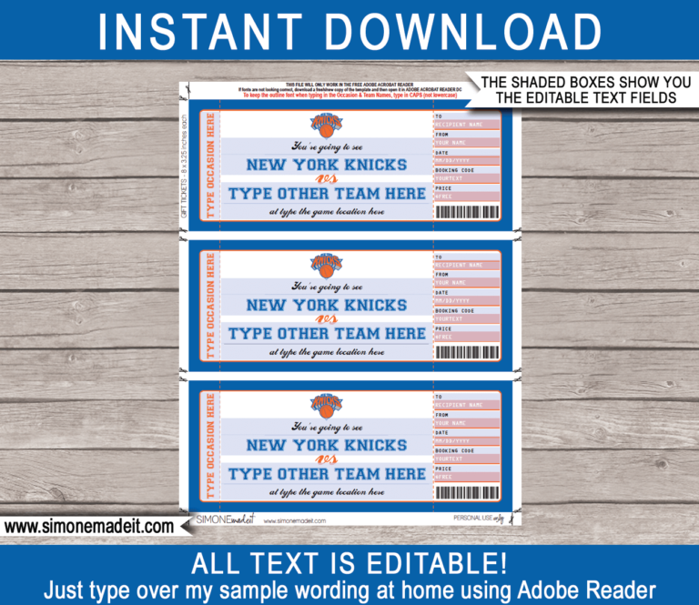 New York Knicks Game Ticket Gift Voucher | Printable Surprise NBA ...
