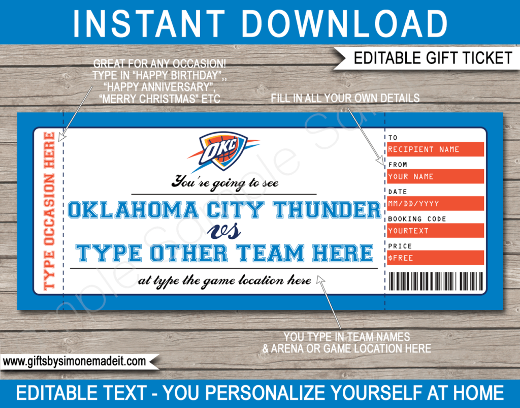 Oklahoma City Thunder Game Ticket Gift Voucher | Printable Surprise NBA ...