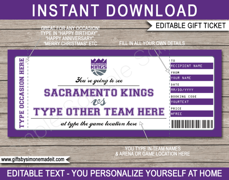 Sacramento Kings Game Ticket Gift Voucher | Printable Surprise NBA ...