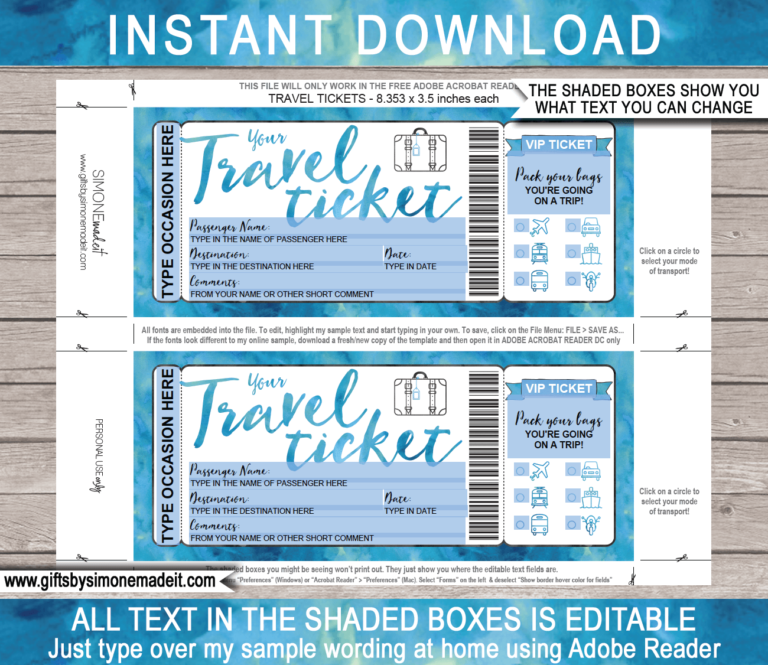 Printable Travel Ticket Gift Template | Surprise Vacation Reveal