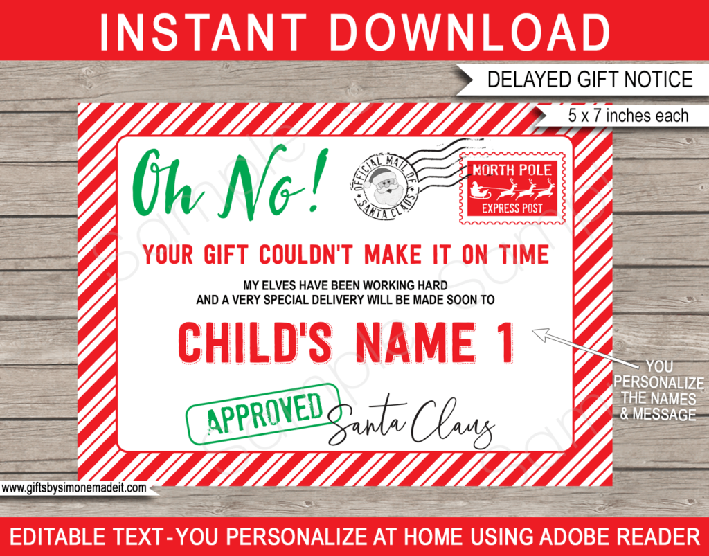 Late Gift from Santa Notice Template | Delayed Christmas Gift Tag for Kids