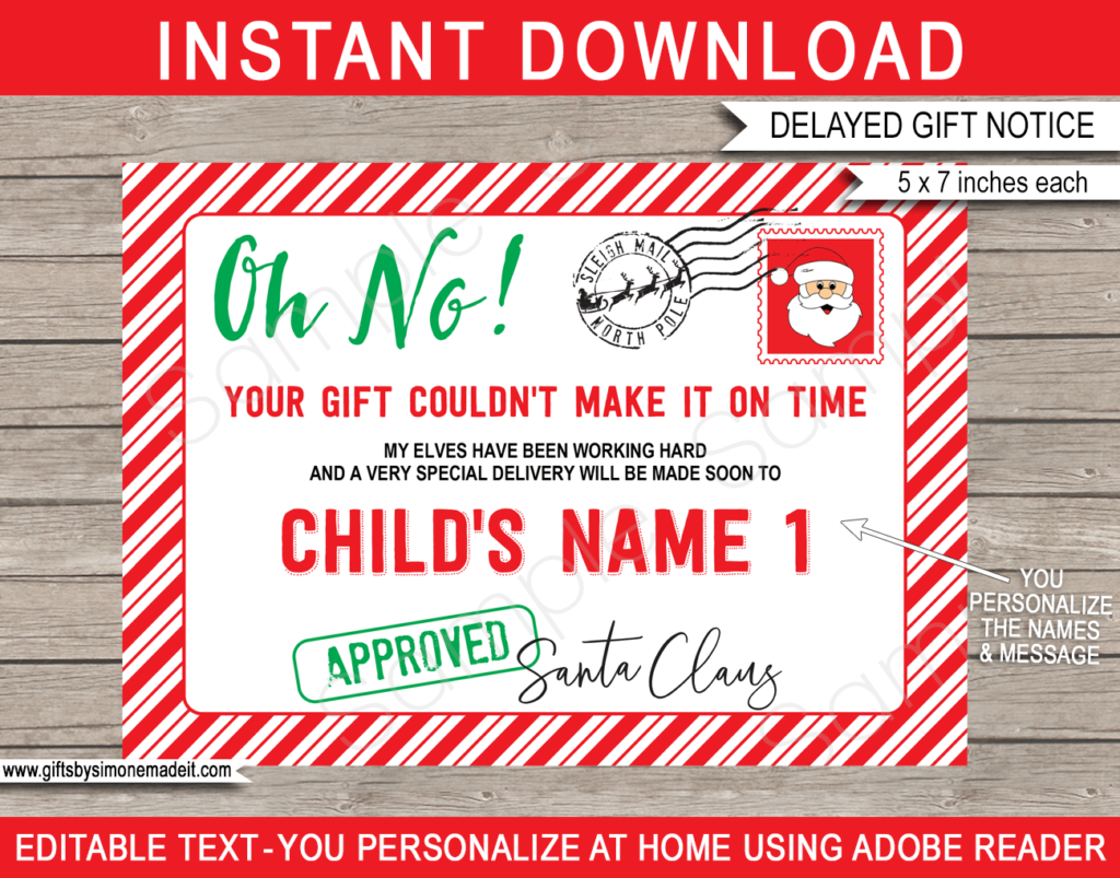 Late Gift from Santa Notice Template | Delayed Christmas Gift Tag for Kids
