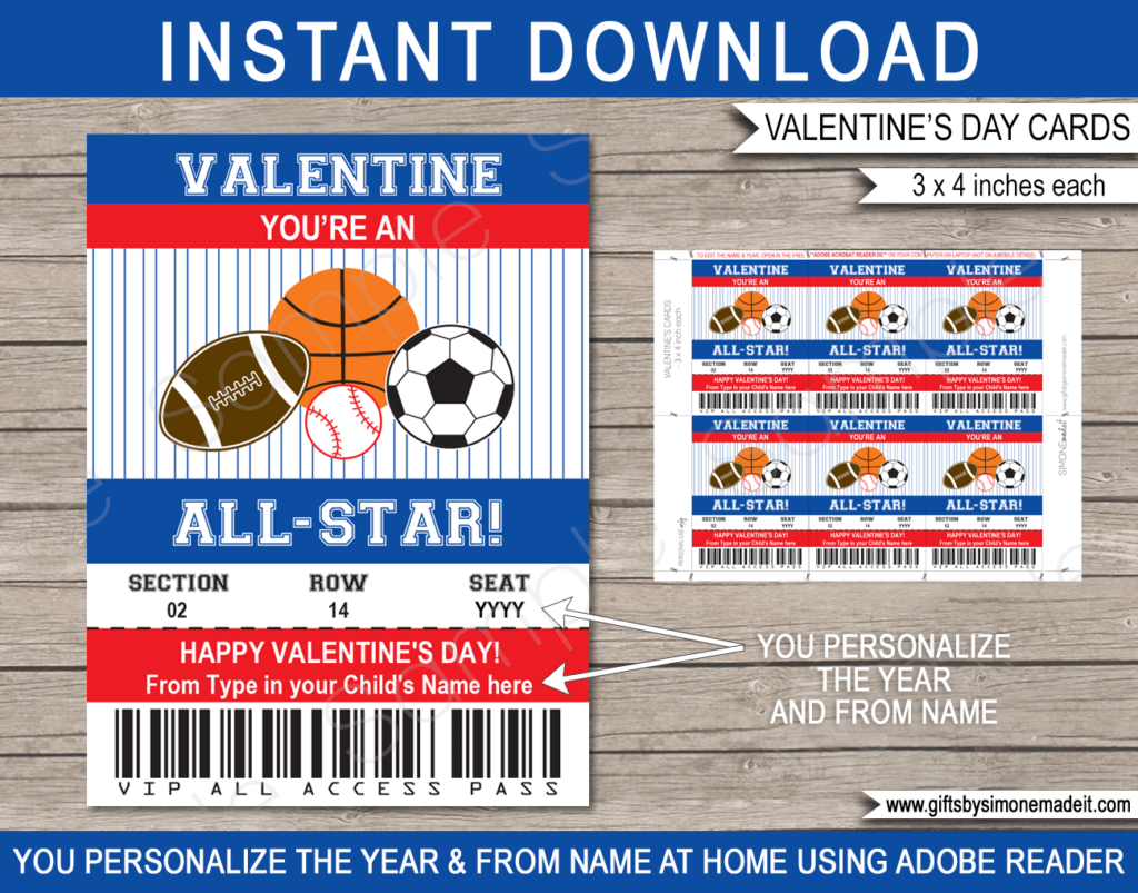 Valentines All Star Sports Class Gift Card Template | School VIP Pass ...