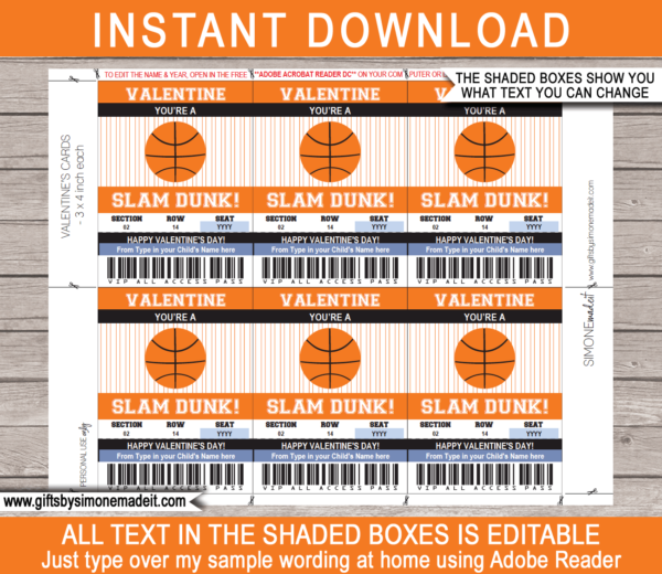 Valentines Basketball Class Gift Card Template | School VIP Pass Gift Tag