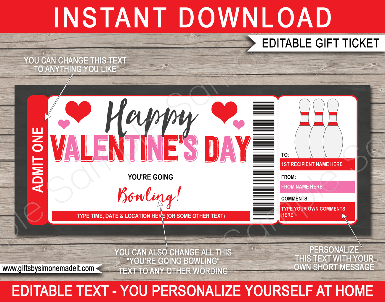 Valentines Day Bowling Ticket Template Printable Gift Voucher Certificate