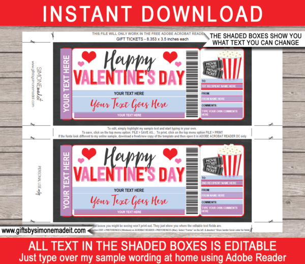 Valentines Day Movie Ticket Template | Family Movie Night Gift Voucher