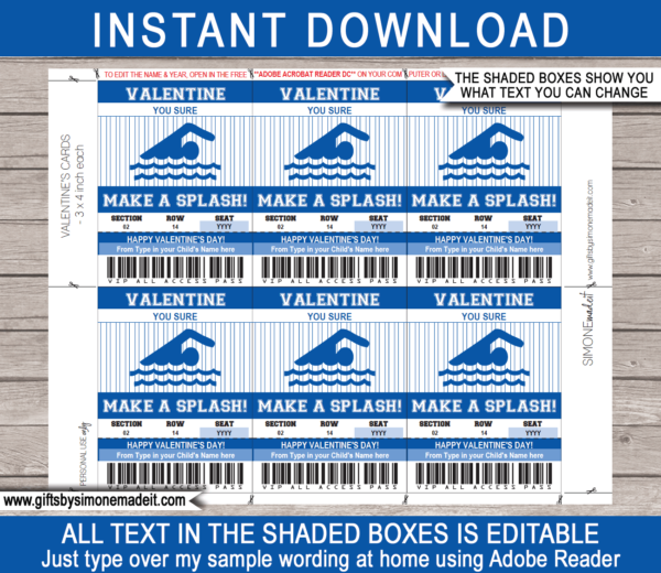 Valentines Swimming Class Gift Card Template | School VIP Pass Gift Tag