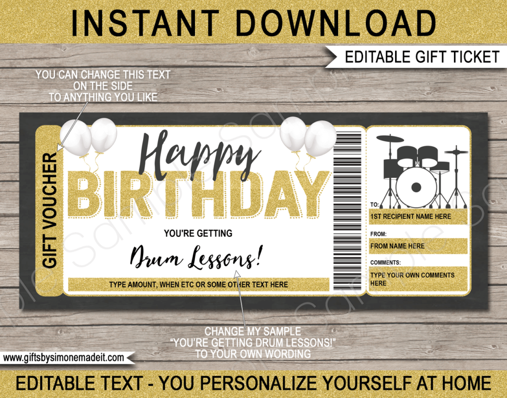 Birthday Drum Lessons Gift Voucher Template | Printable Music Certificate