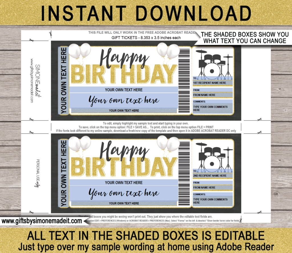 Birthday Drum Lessons Gift Voucher Template | Printable Music Certificate