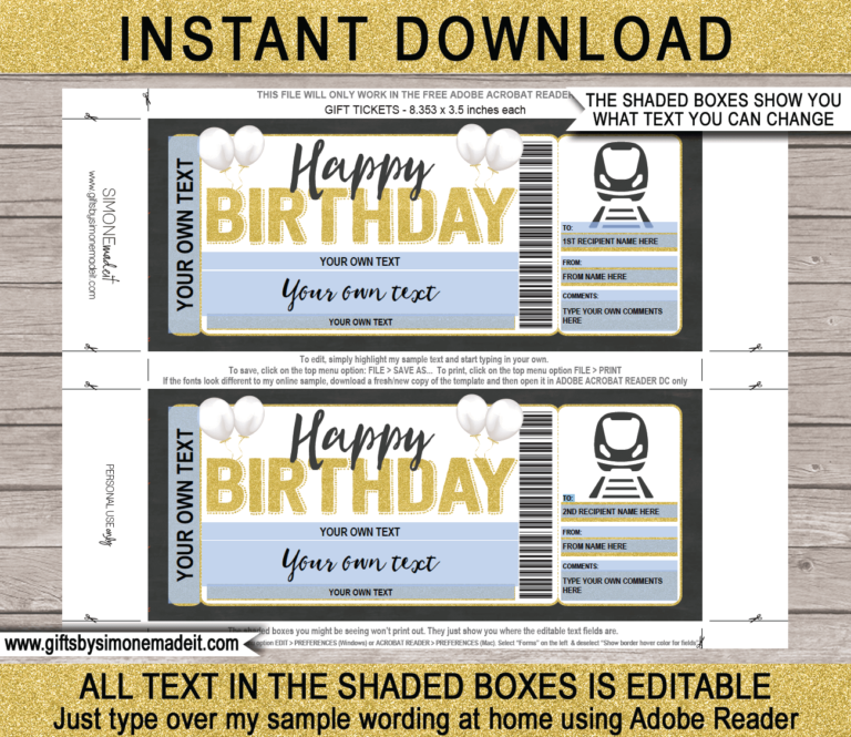 Birthday Train Ticket Template | Printable Train Boarding Pass Gift