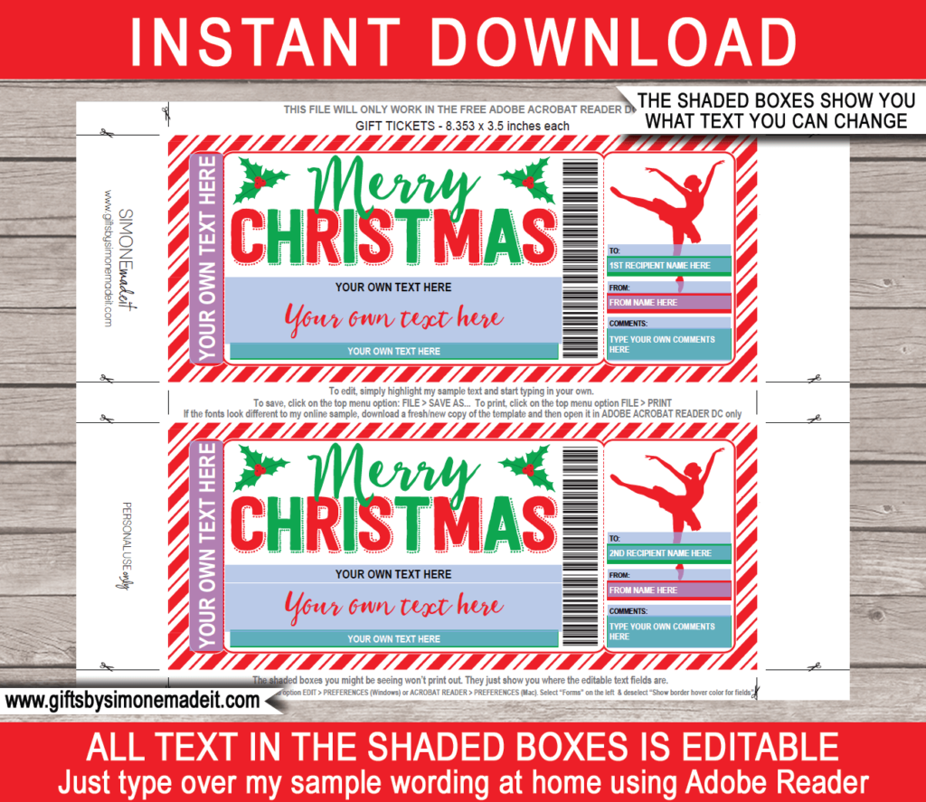 Christmas Ballet Ticket Template | Printable Gift Voucher Certificate