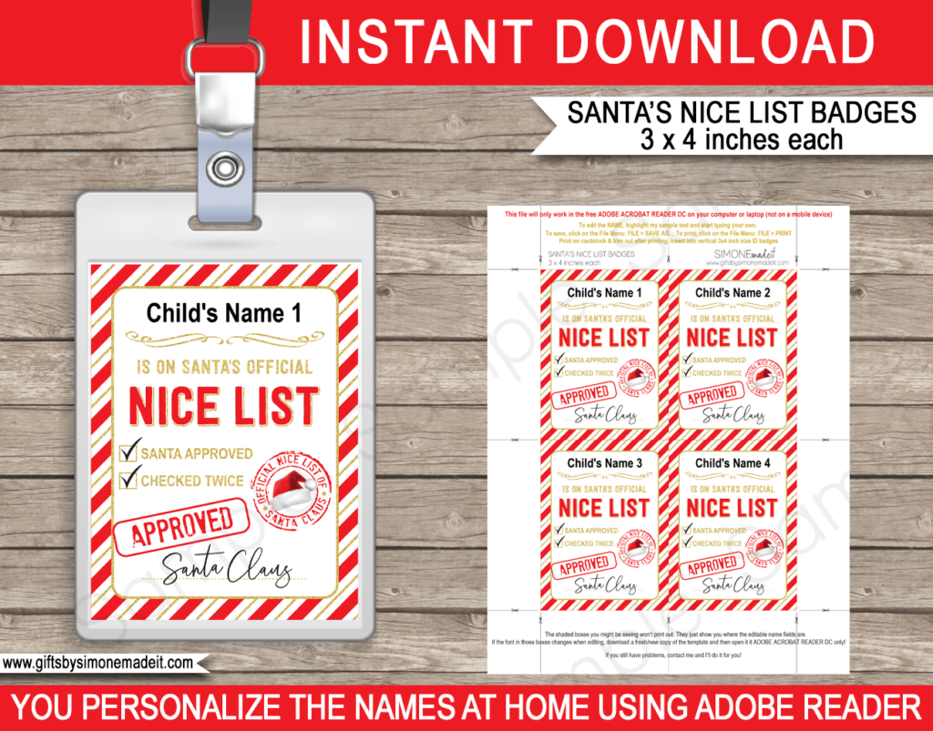 Santas Nice List ID Badge Template | ID Card | Printable Naughty or Nice