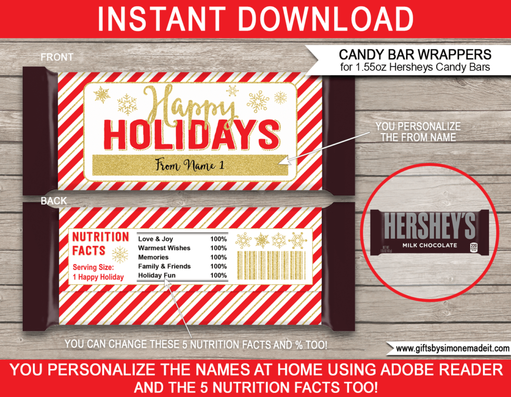 Holiday Hershey Bar Wrapper Template | Personalized Candy Bar Labels