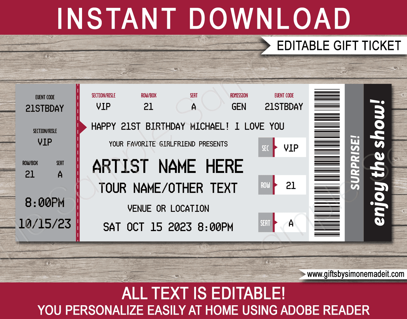 Concert Ticket Template Gift Certificate Personalized Event