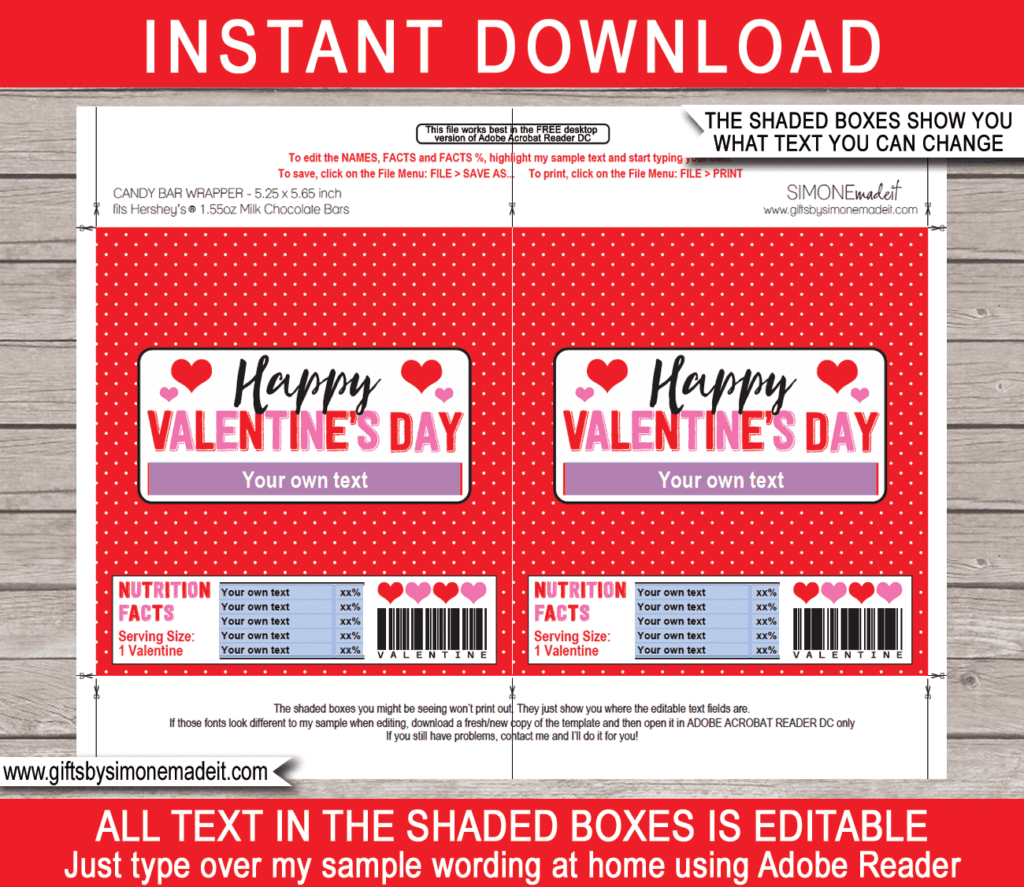 Valentine Hersheys Candy Bar Wrappers Template | Personalized Labels