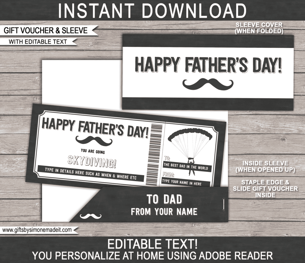 Fathers Day Skydiving Ticket Coupon | Printable Gift Certificate