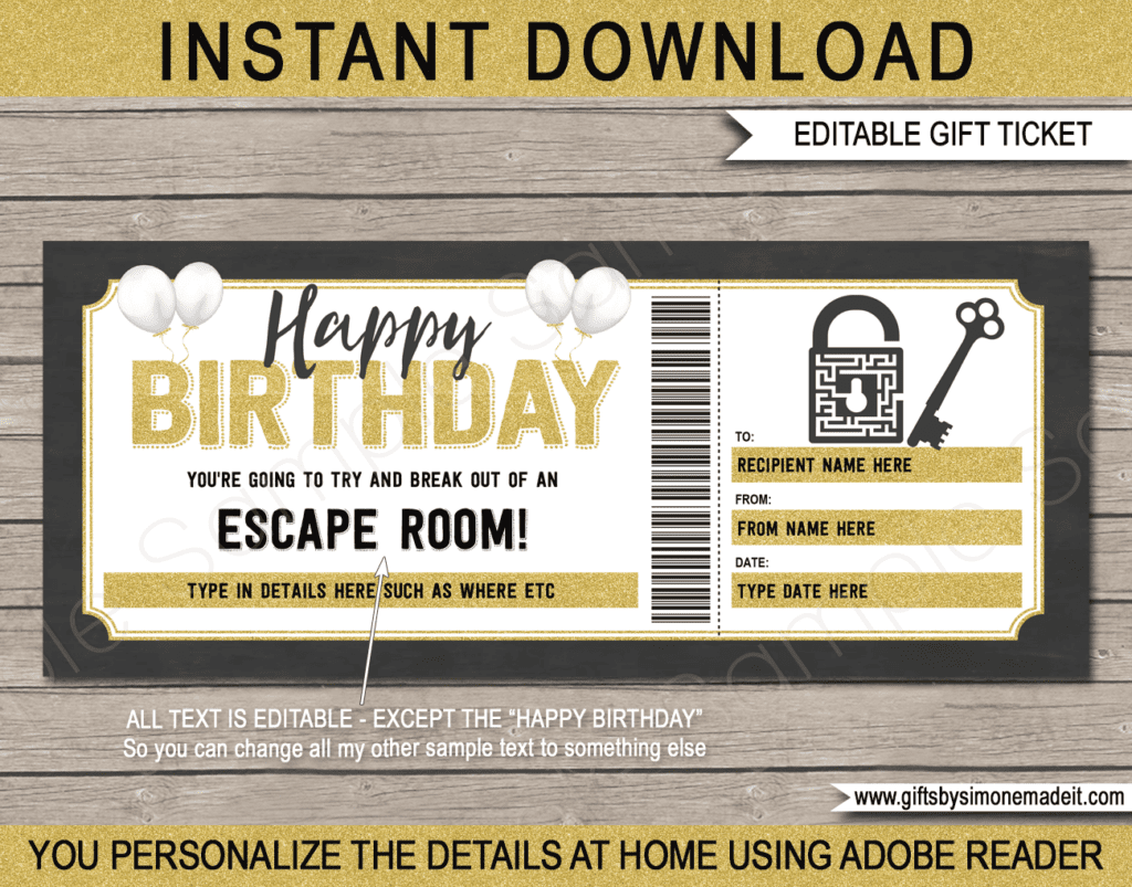 Birthday Escape Room Ticket Template | Gift Voucher Certificate
