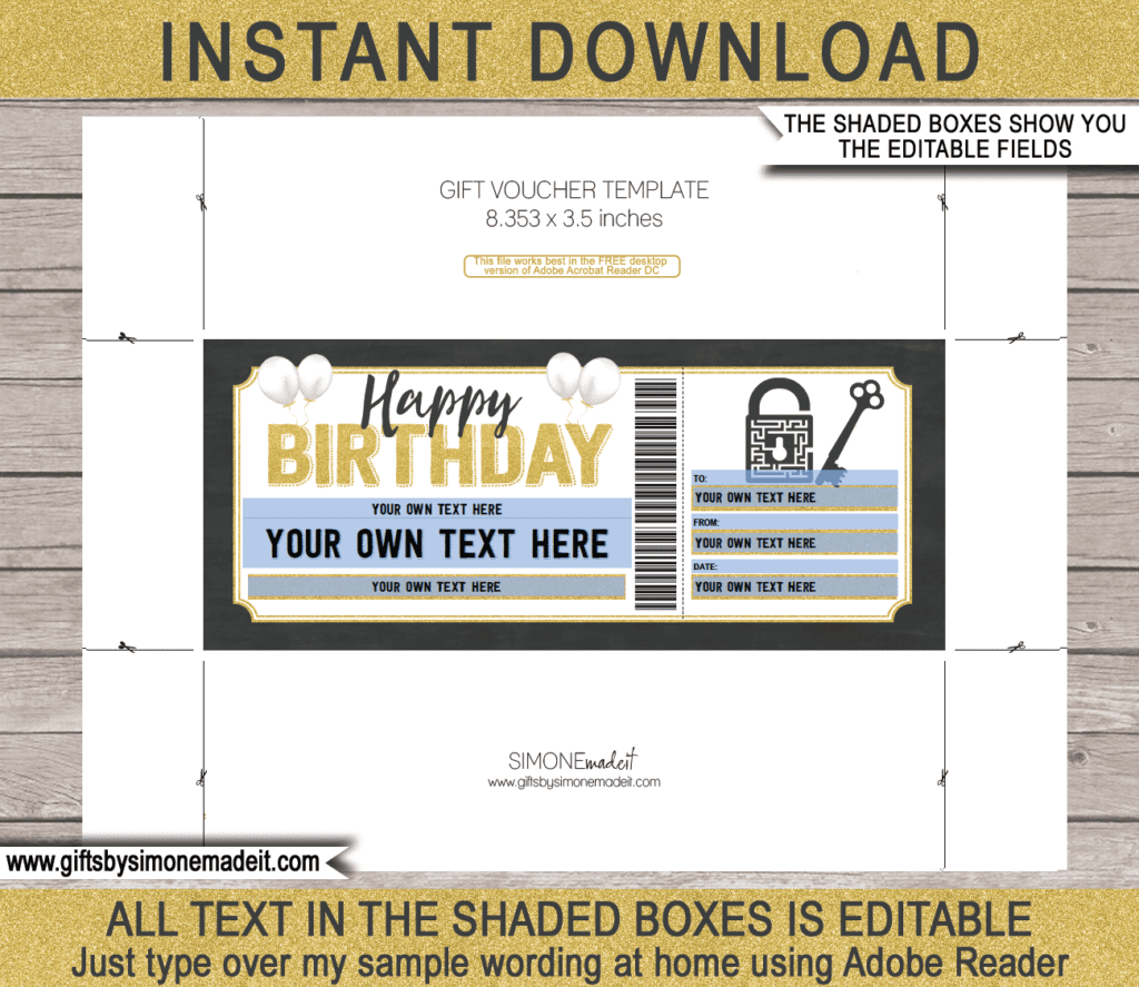 Birthday Escape Room Ticket Template | Gift Voucher Certificate
